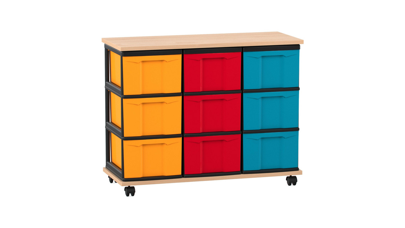 Flexeo® Fahrbares Containersystem mit Ablage, 9 große Boxen - betzold.de